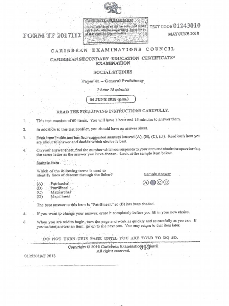 CSEC Social Studies June 2018 P1 | PDF