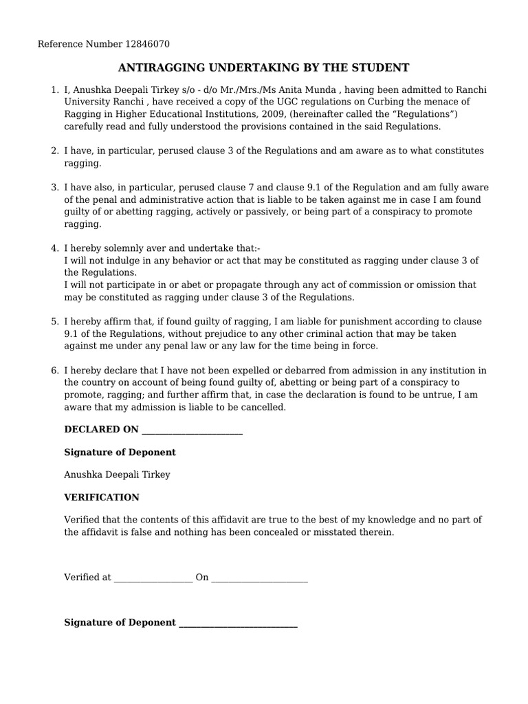 Anti Ragging Affidavit Form | PDF | Affidavit