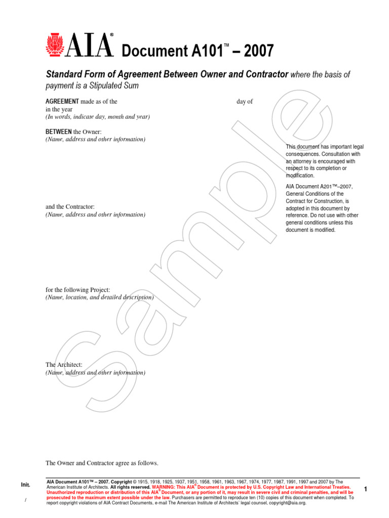 AIA A101-2007 Owner-Contractor Agreement | PDF | Copyright | Copyright ...