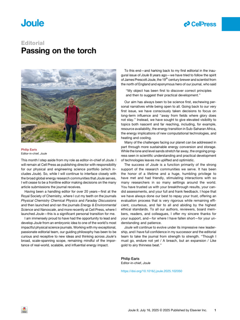 Joule Editorial: Transition of Leadership | PDF | Science