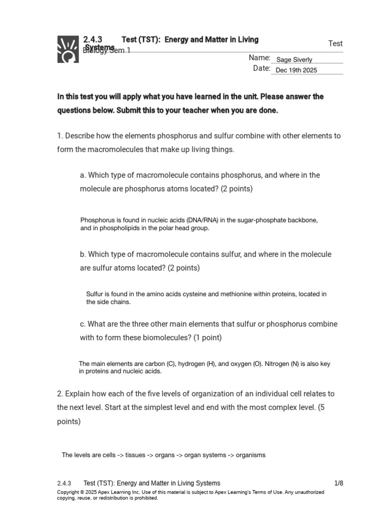2.4.3 Test (TST) - Energy and Matter in Living Systems (Test) 2 | PDF ...