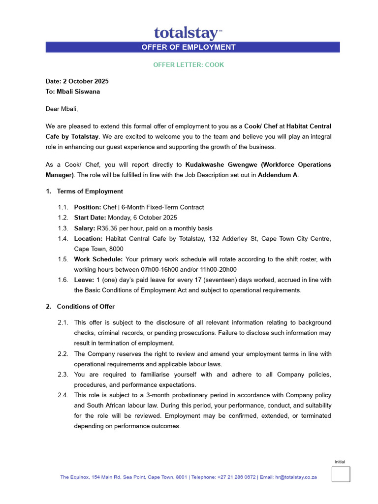Employment Offer for Cook Position | PDF | Employment | Kitchen
