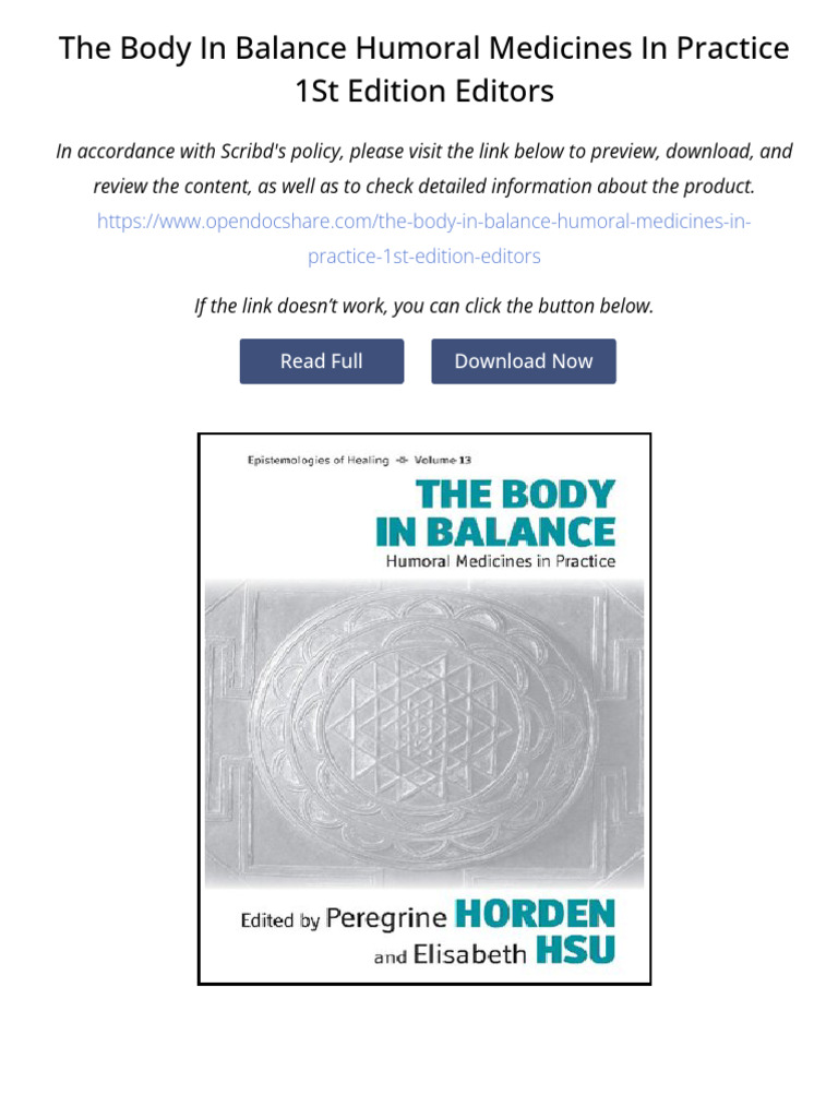 The Body in Balance Humoral Medicines in Practice 1st Edition Editors ...