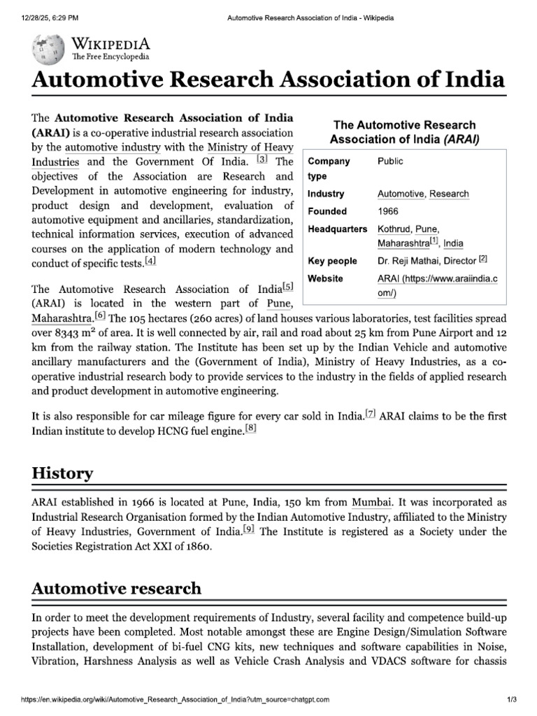 Automotive Research Association of India | PDF