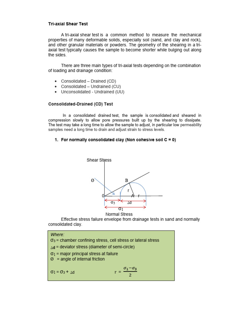 Tri-axial Shear Test Overview | PDF | Stress (Mechanics) | Solid Mechanics