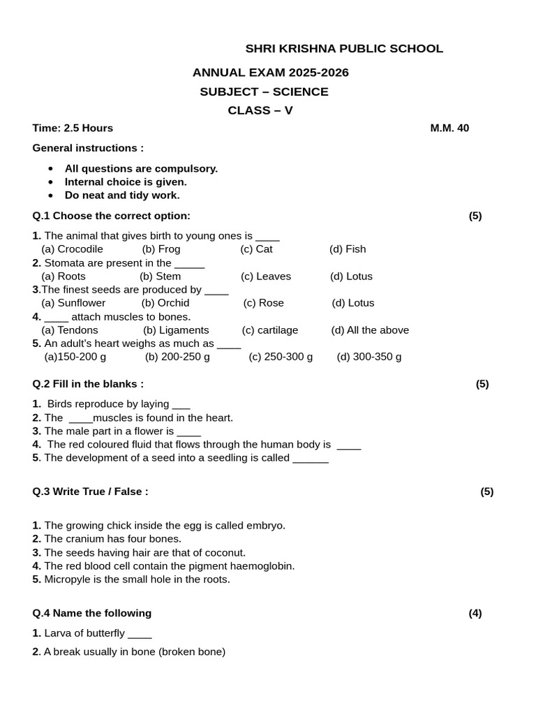 Class V Science Annual Exam 2025-26 | PDF | Seed | Heart