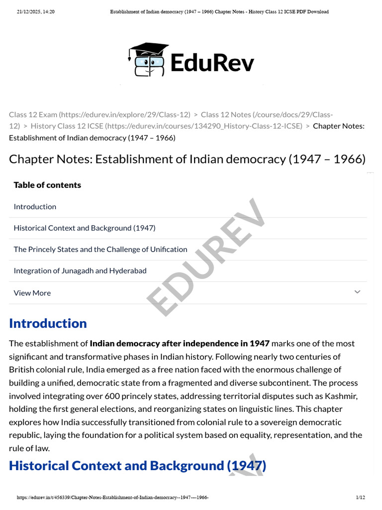 Indian Democracy Establishment (1947-1966) | PDF | Government ...