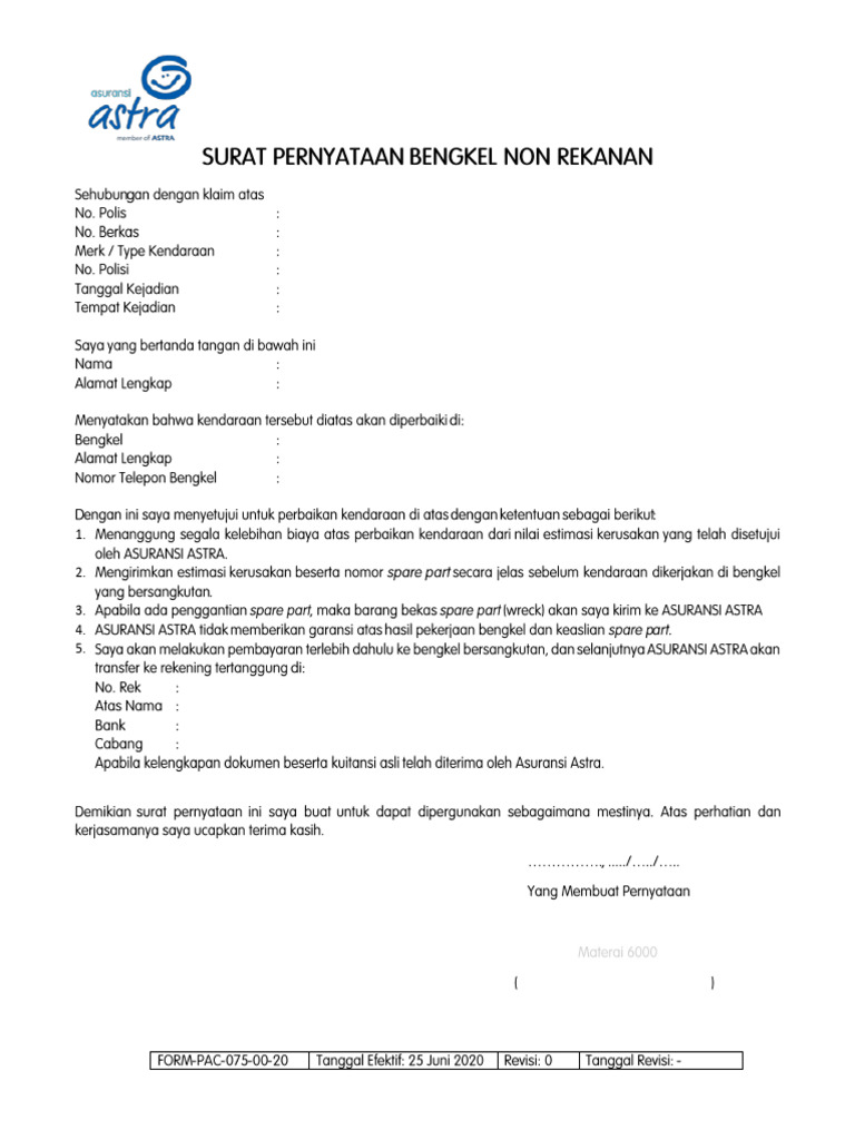 Form Bengkel Non Rekanan 2020 | PDF