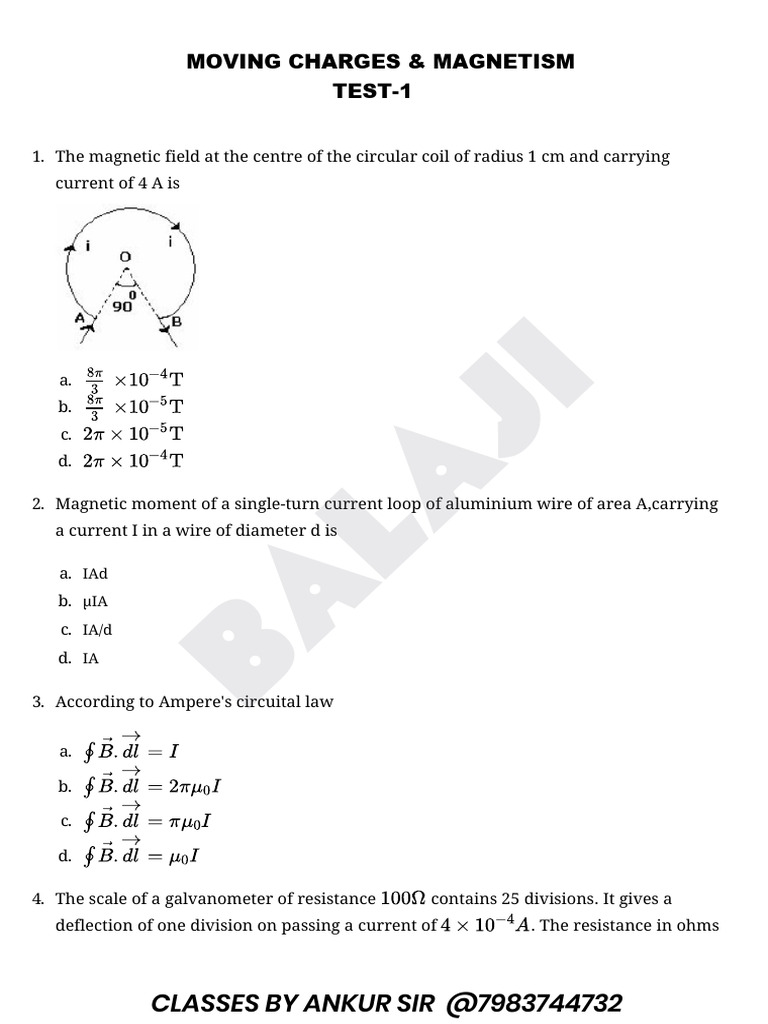 Moving Charges Magnetism Test-1 | PDF | Electric Current | Magnetic Field