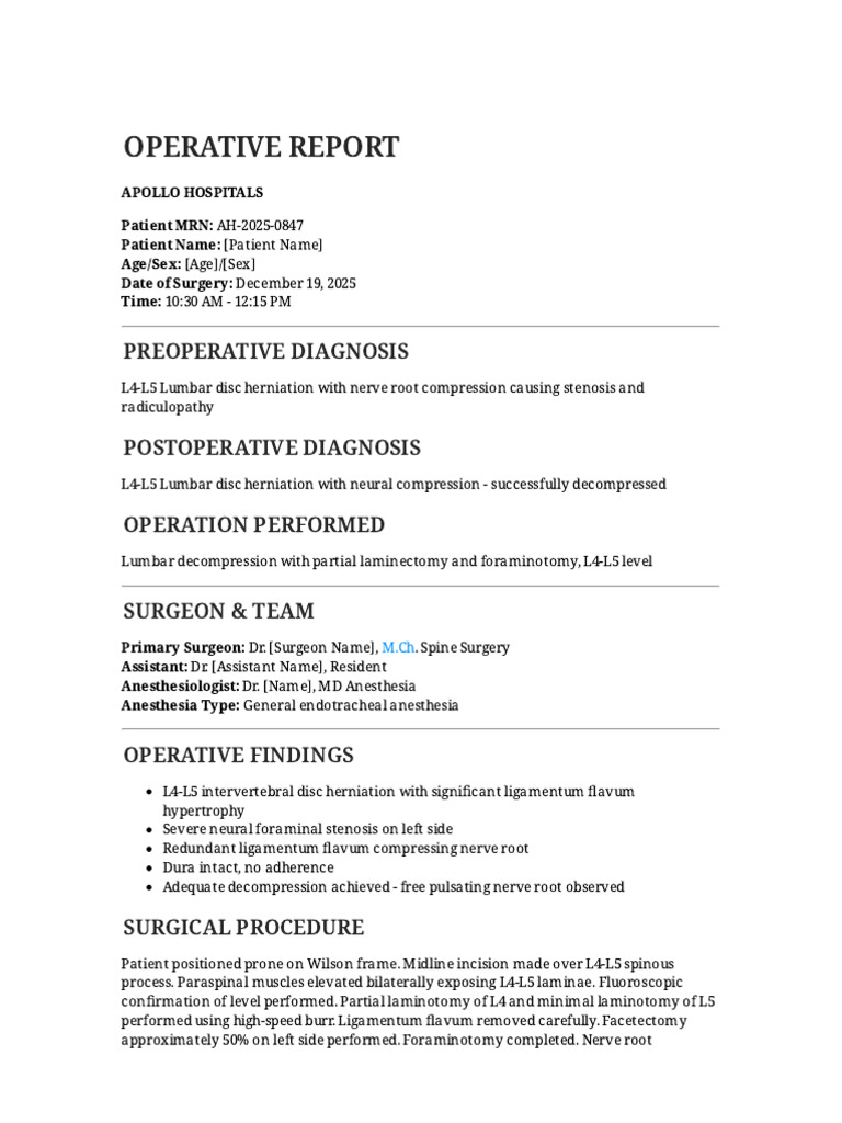 L4-L5 Lumbar Decompression Surgery Report | PDF