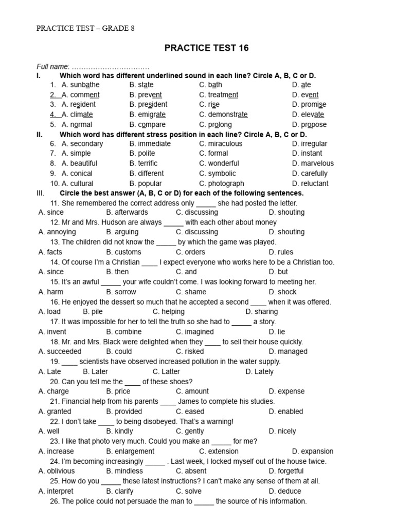 Grade 8 Practice Test Questions | PDF