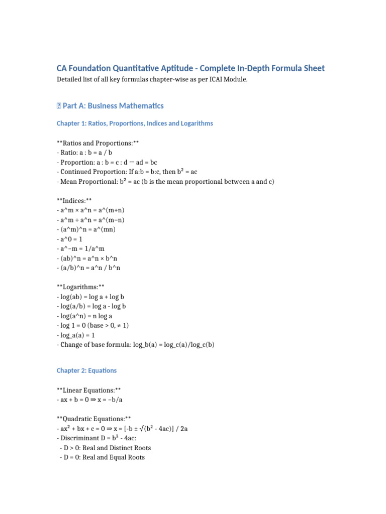 CA Foundation Quant Deep Formula Sheet | PDF | Quadratic Equation | Algebra