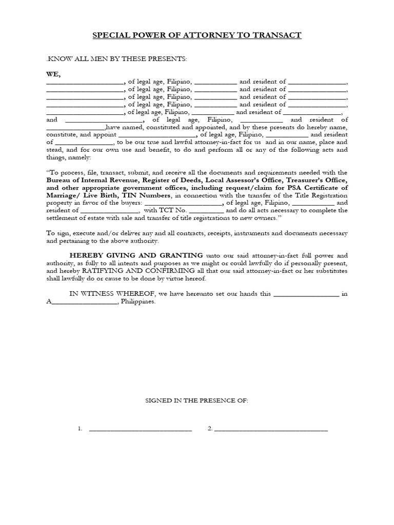 Special Power of Attorney to Transact | PDF | Power Of Attorney ...