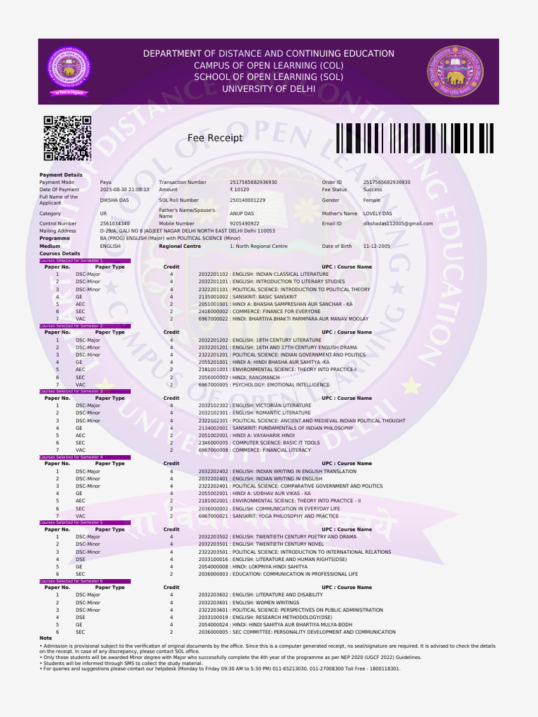 Delhi University Fee Receipt for BA Program | PDF | Science | Liberal ...