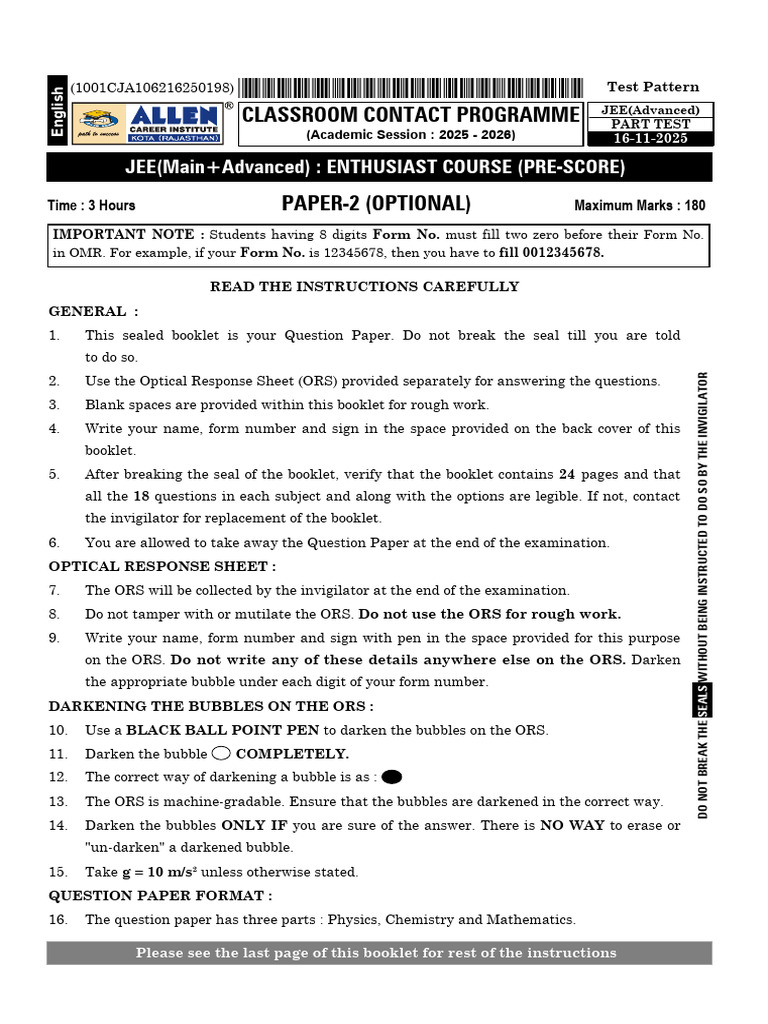 1611 Enthusiast Pre-Score Paper-2 E JA | PDF | Atoms | Radioactive Decay