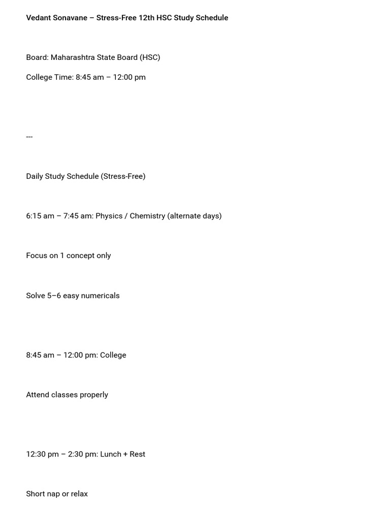 Stress-Free 12th HSC Study Plan | PDF