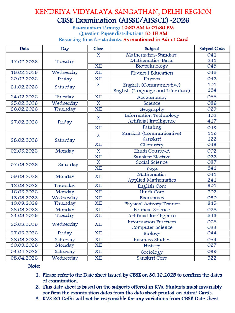 CBSE Datesheet-2026 | PDF | Schools | Secondary Education