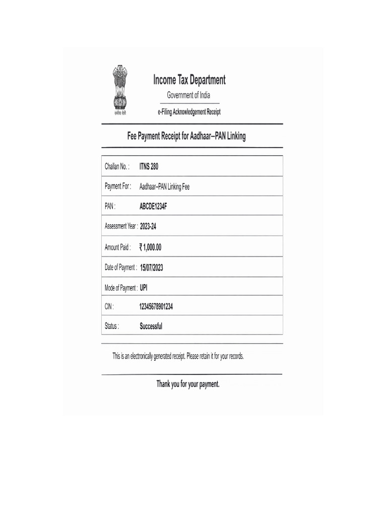 Aadhaar PAN Fee Receipt Sample | PDF