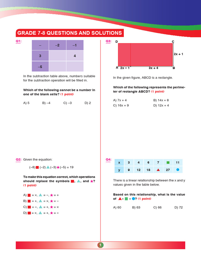 Grade 7-8 Math Questions and Solutions | PDF | Area | Multiplication