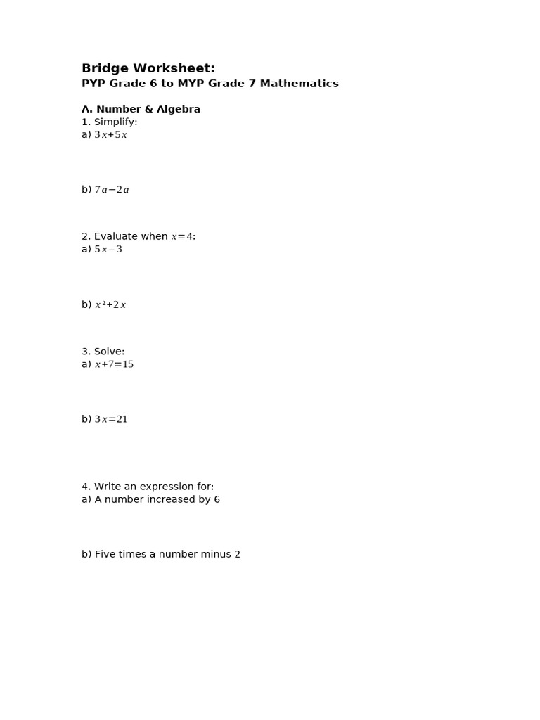Grade 6 to 7 Math Transition Worksheet | PDF