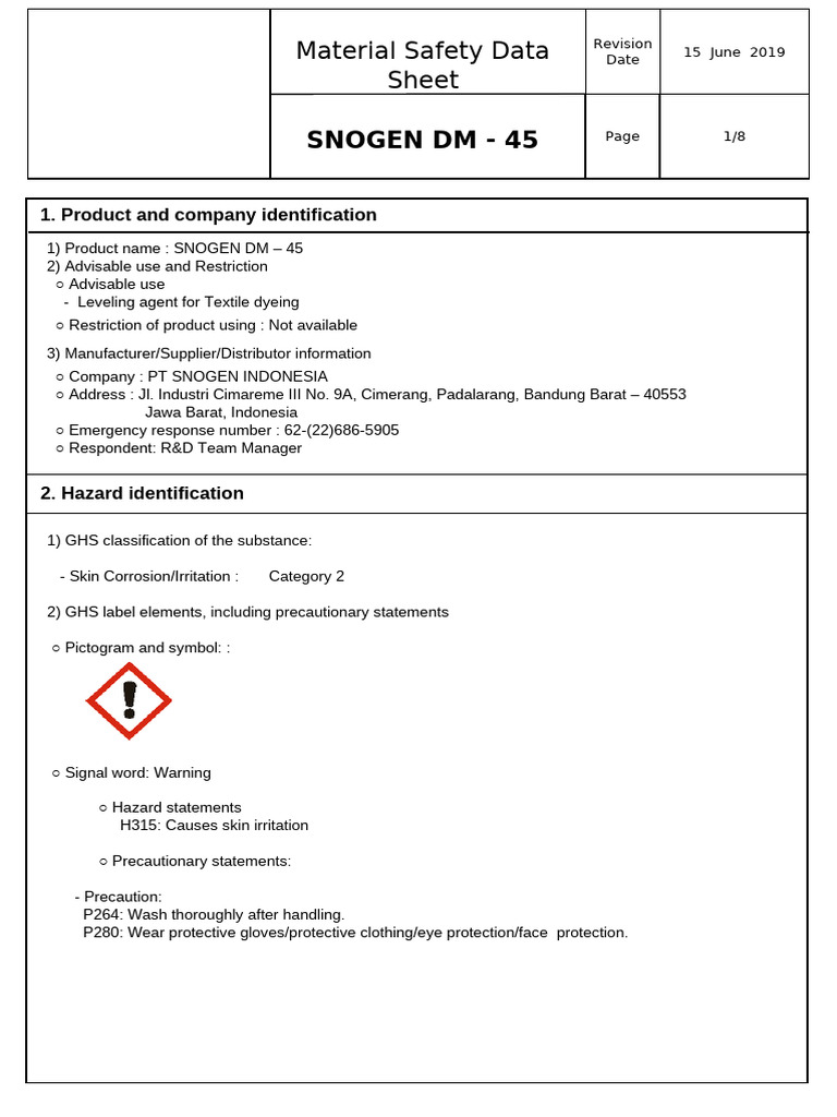 SNOGEN DM-45 MSDS Overview | PDF | Toxicity | Personal Protective Equipment