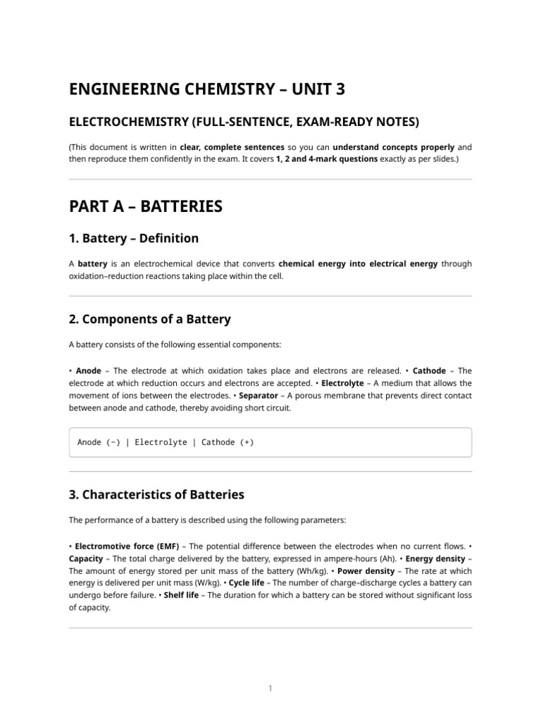 Electrochemistry Exam Notes: Batteries & Fuel Cells | PDF | Fuel Cell ...