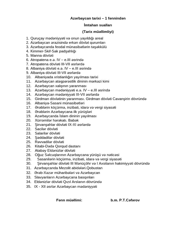 Azərbaycan Tarixi - 1 Tarix, Tarix m.(35 Sual) | PDF