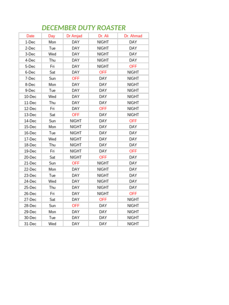 December Duty Roster Schedule | PDF