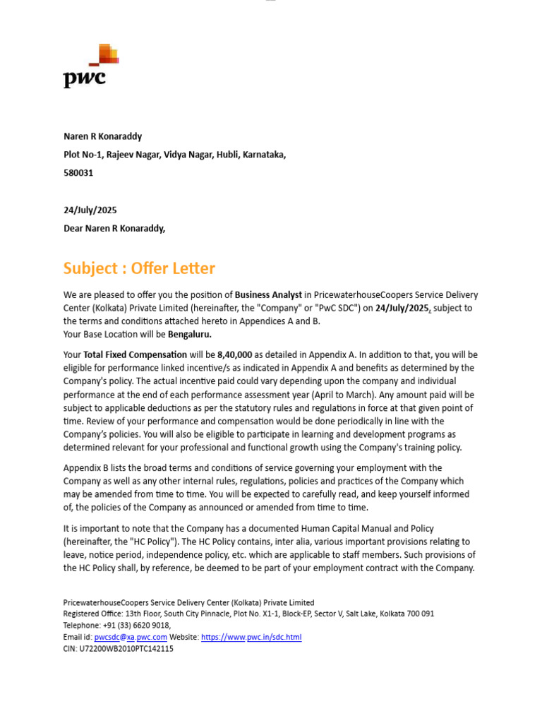 Offer Letter (PWC) | PDF | Arbitration | Employment