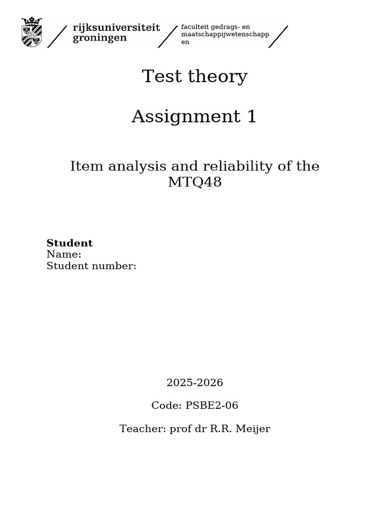 Assignment 1 Test Theory 2025-2026 | PDF
