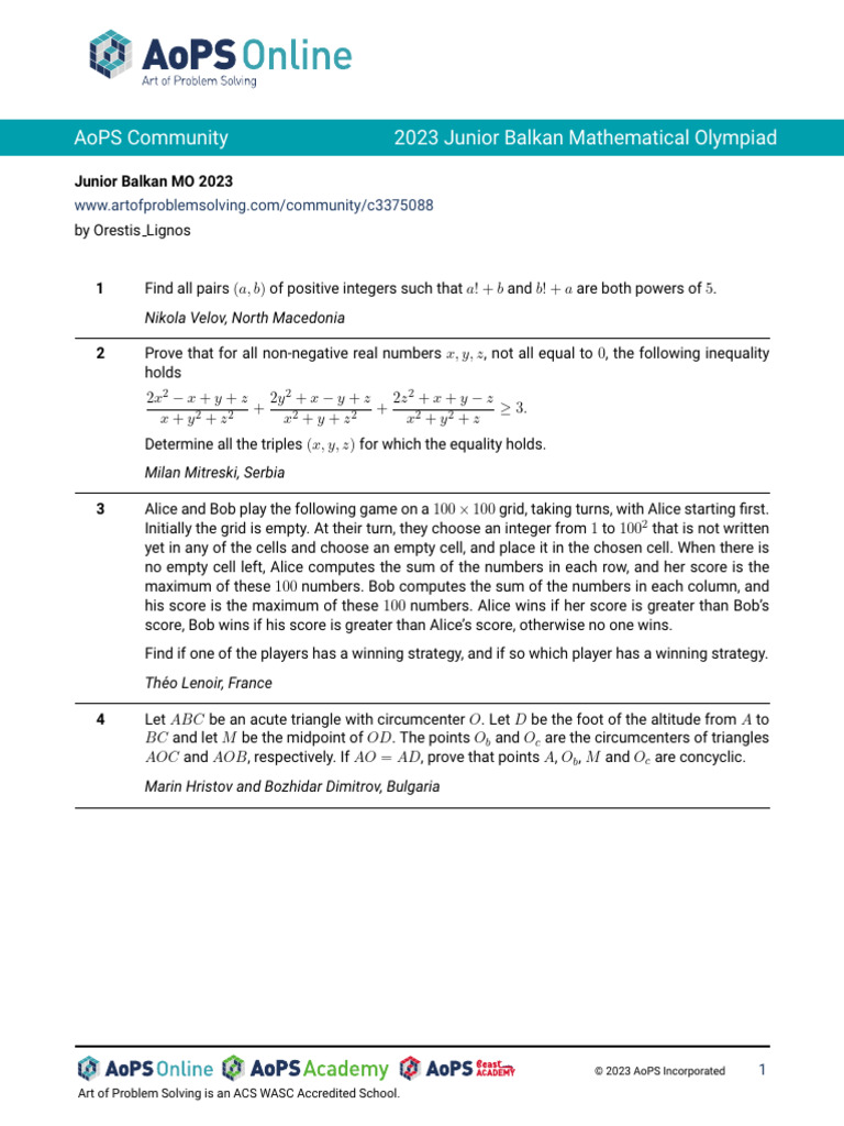 Aops Community 2023 Junior Balkan Mathematical Olympiad | PDF