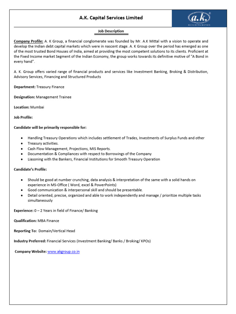 Job Description - Treasury Finance (1) | PDF