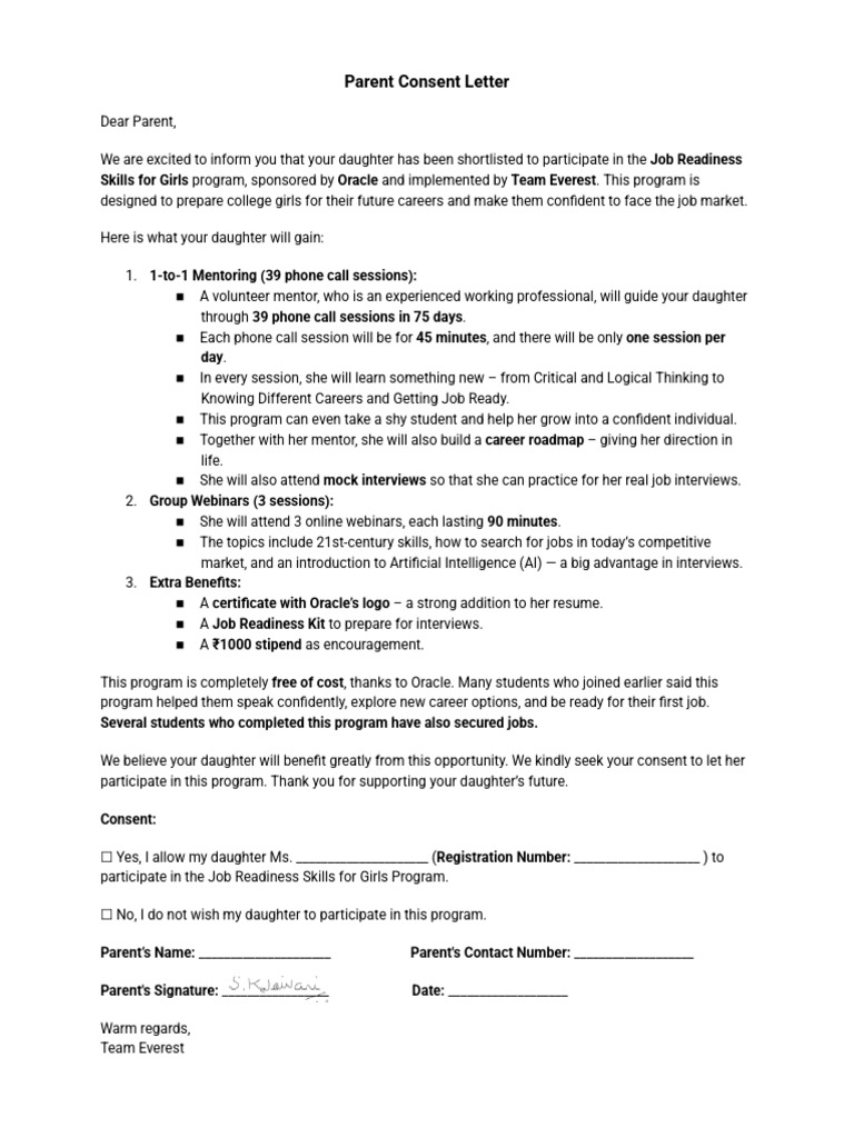 Lady Doak College Parents Consent Letter - Oracle Job Readiness FY25 ...