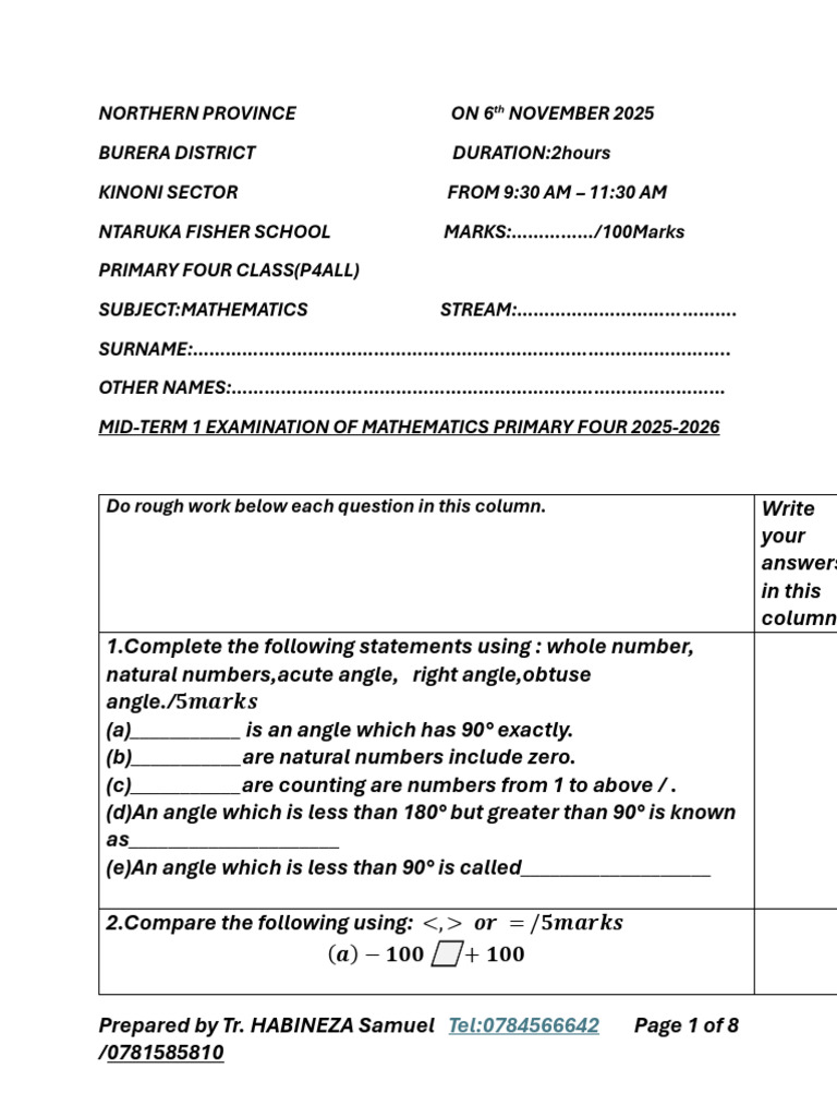 Primary Four Mathematics Exam 2025 | PDF | Arithmetic | Number Theory