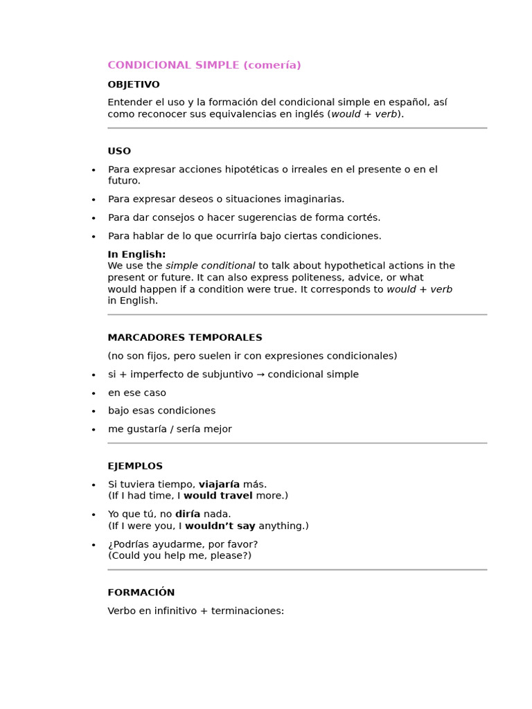Uso y Formación del Condicional Simple | PDF | Relaciones sintácticas ...
