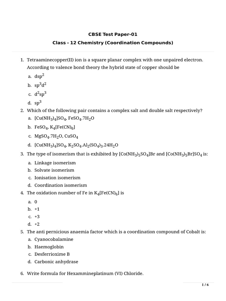Class 12 Chemistry: Coordination Compounds Test | PDF | Coordination ...