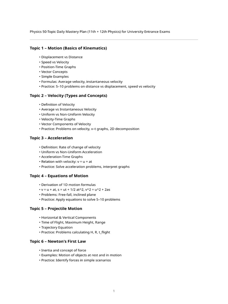 Physics Mastery Plan for Entrance Exams | PDF | Velocity | Force
