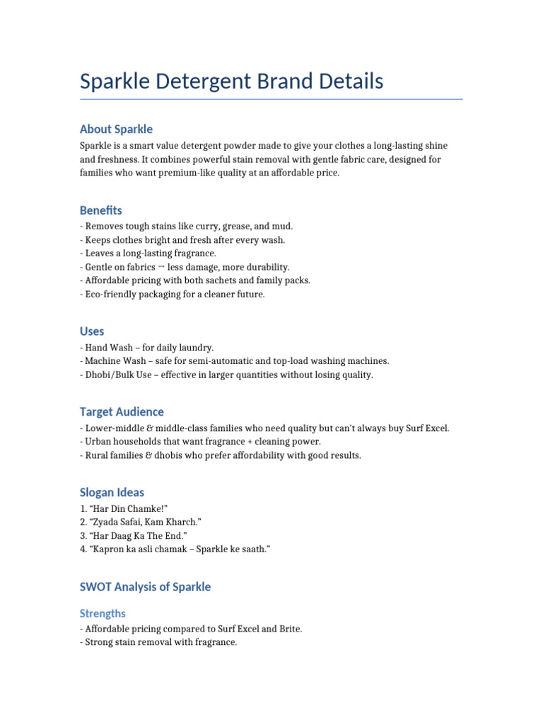 Sparkle_Detergent_Brand_with_SWOT_Conclusion | PDF | Brand | Pricing