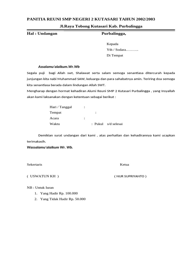 Surat Undangan Reuni SMP 2 K | PDF