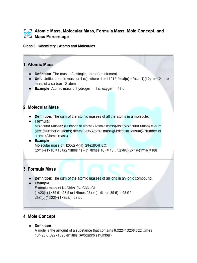Atomic Mass, Molecular Mass, Formula Mass, Mole Concept, and Mass ...
