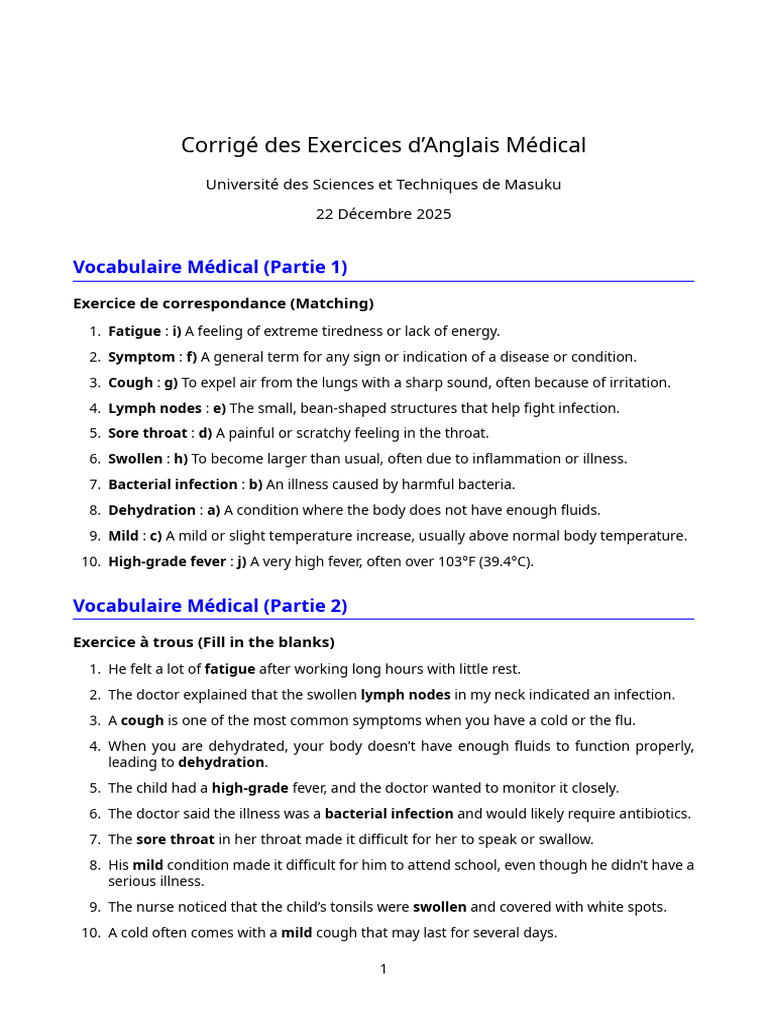 Corrigé Vocabulaire Anglais Médical | PDF | Fever | Infection