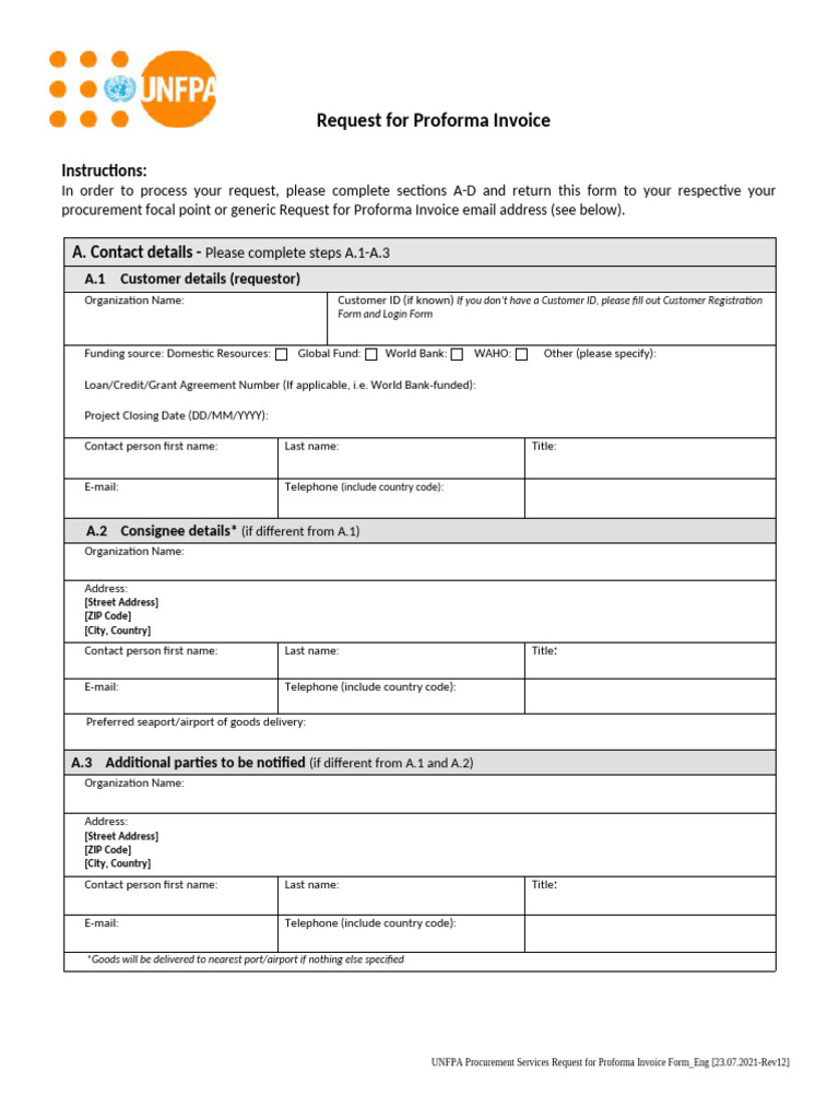 UNFPA Request for Proforma Invoice Form ENGLISH.7.2021 Rev 12 | PDF ...