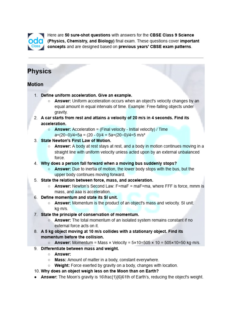 CBSE Class 9 Science Exam Questions | PDF | Force | Momentum