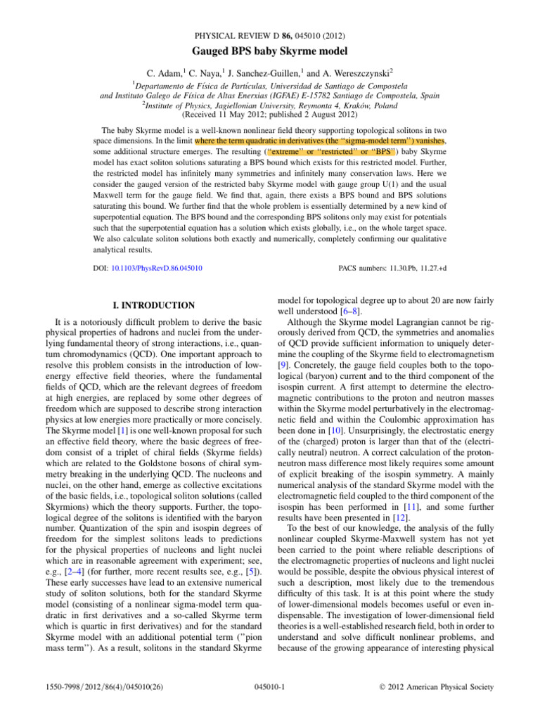 Gauged BPS Baby Skyrme Model Analysis | PDF | Quantum Chromodynamics ...