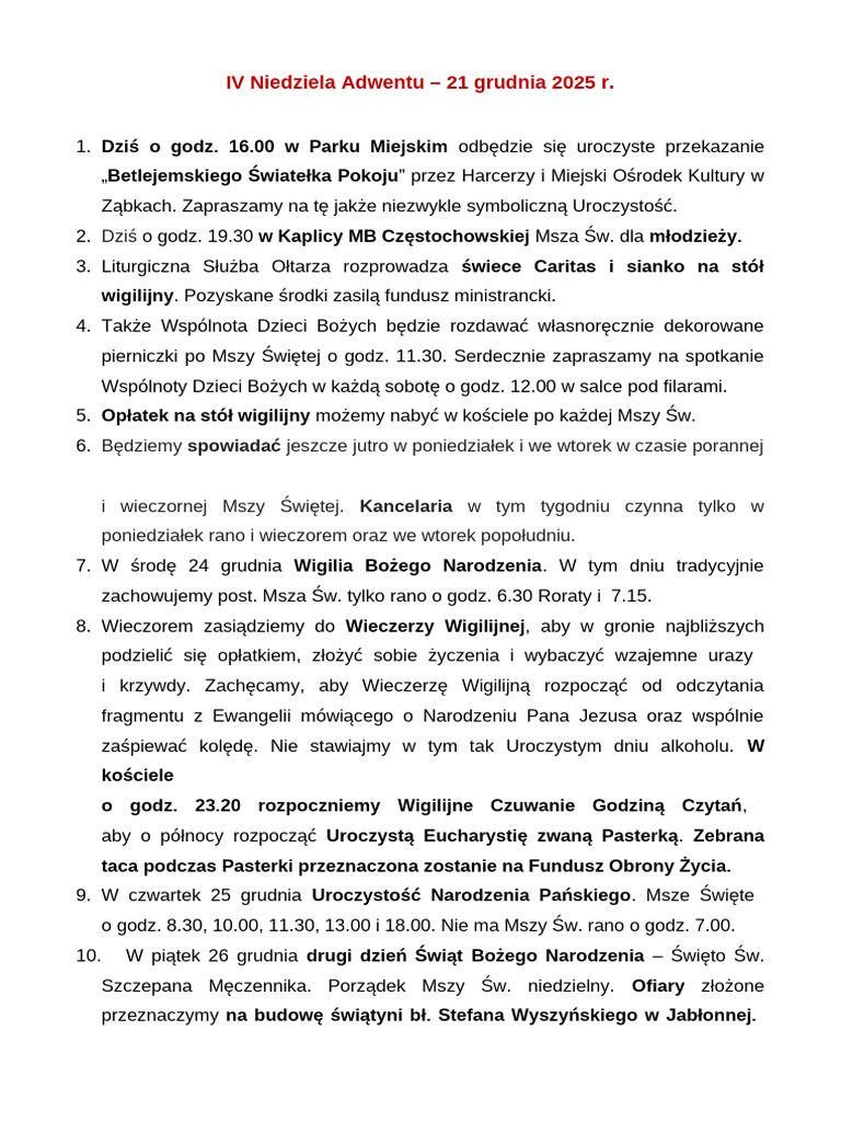IV Niedziela Adwentu - 21 Grudnia 2025 R. | PDF