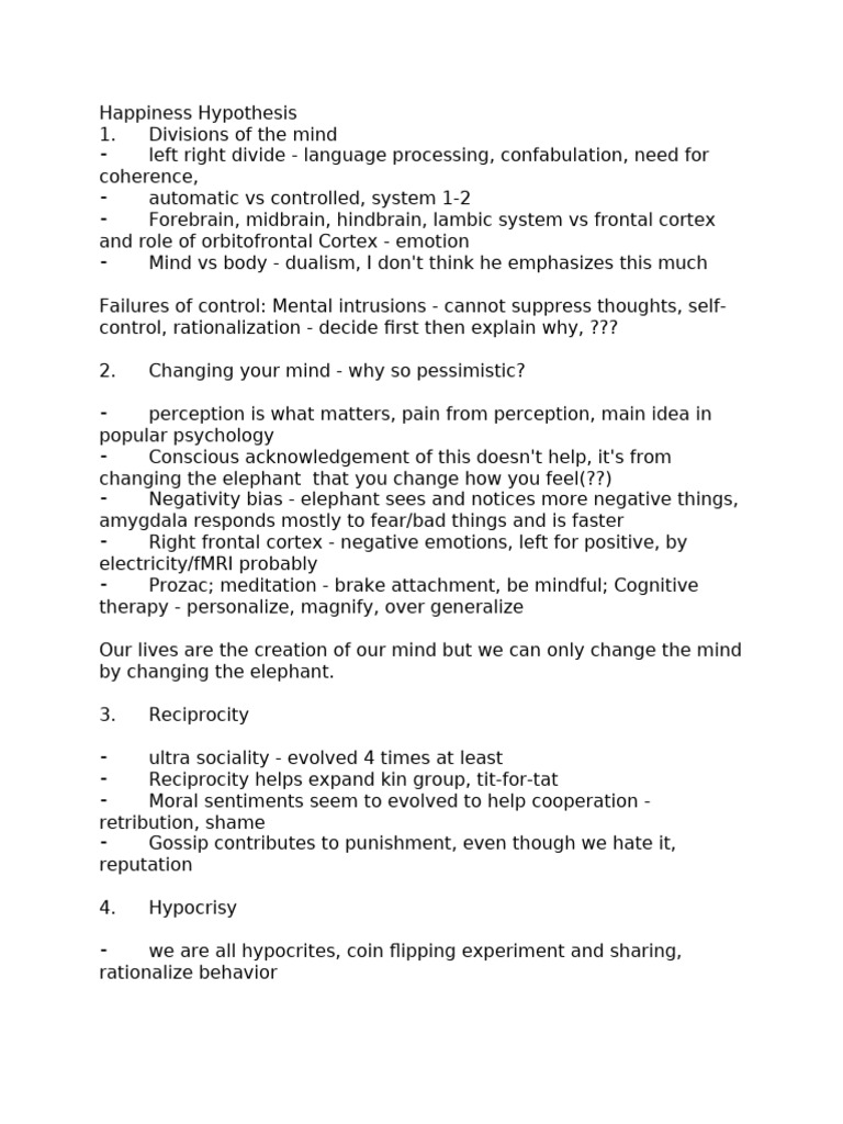 Happiness Hypothesis summary | PDF | Mind | Attachment Theory