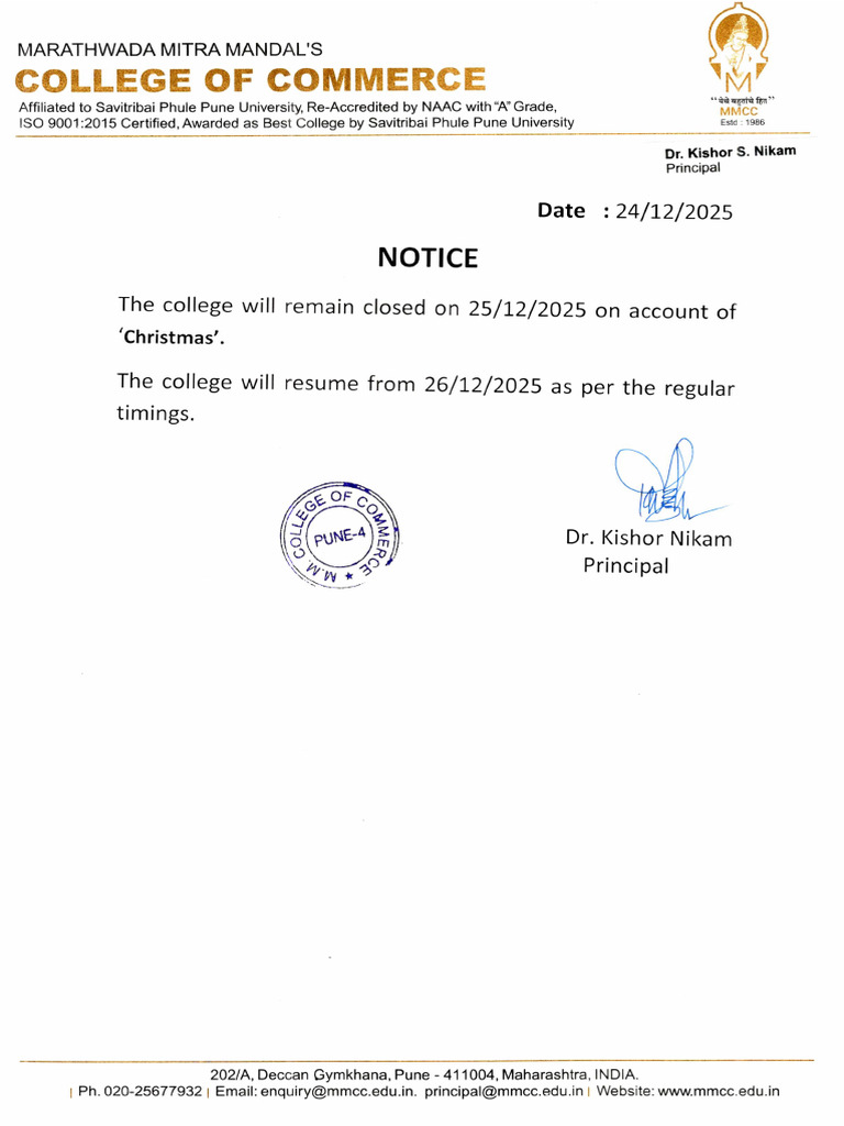 Christmas Holiday Notice Dt. 25-12-2025 | PDF