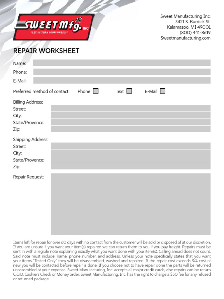 Repair Worksheet 2023 | PDF