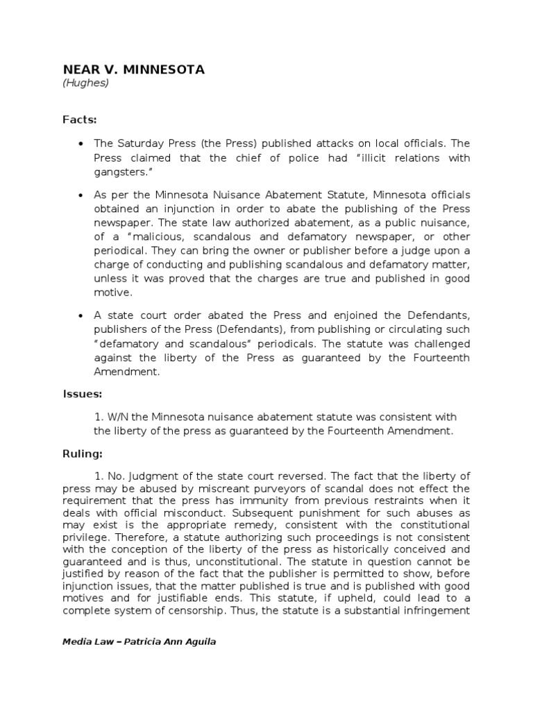 Near v. Minnesota: Press Freedom Case | PDF
