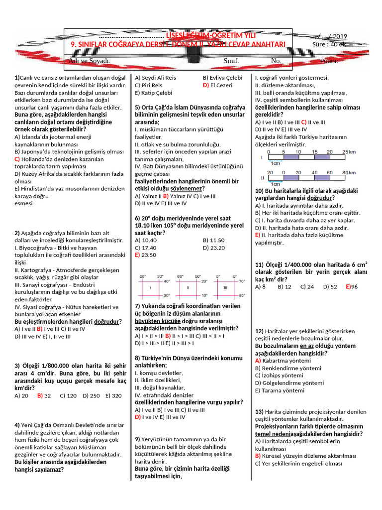 Sinif Cografya 1.donem 2.yazili Sorulari Ve Cevaplari | PDF